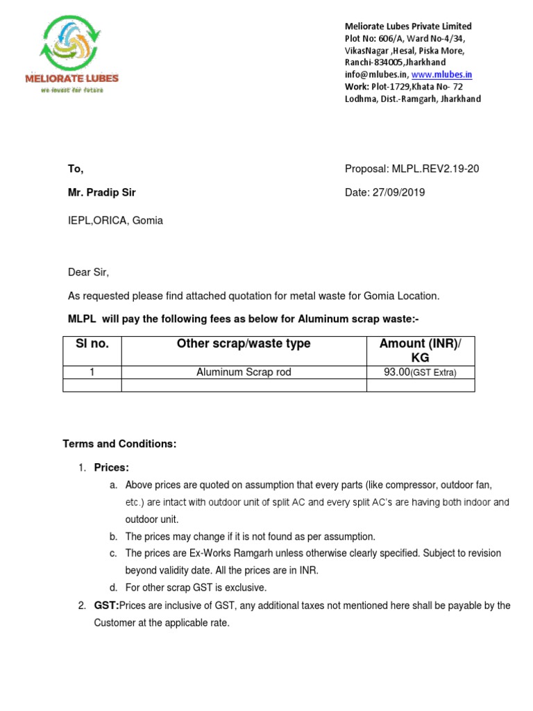 Quotation For Scrap & E Waste-Orica1 | PDF | Value Added Tax | Scrap