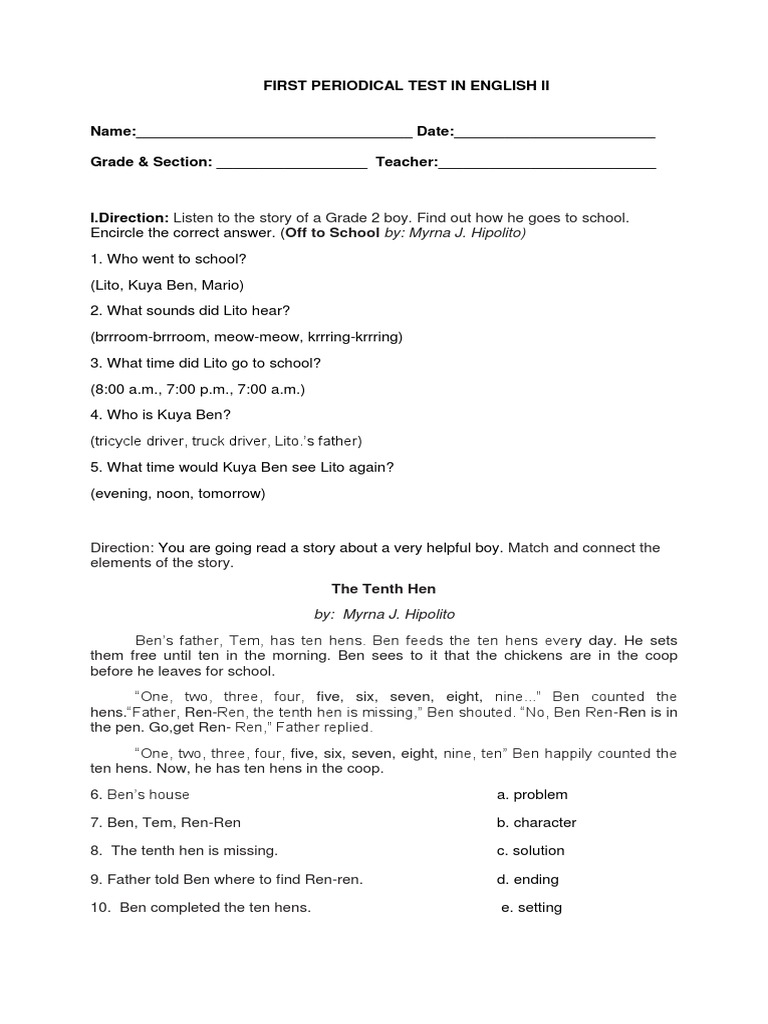 First Periodical Test in English Ii: Off To School | PDF | Alphabet ...