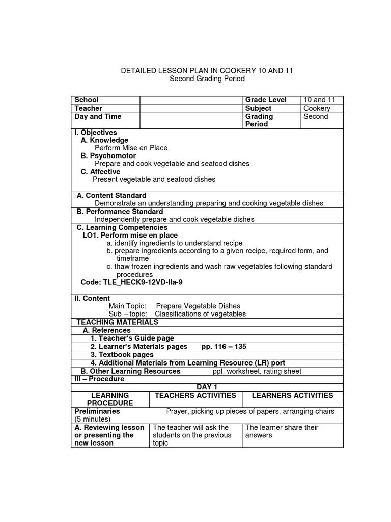Detailed Lesson Plan: Cookery 10-11 | PDF | Lesson Plan | Rubric (Academic)