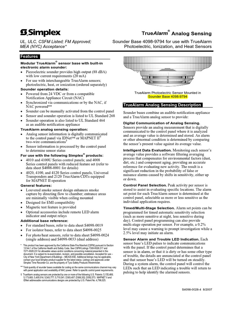 4098-0028 Sounder Base | PDF | Relay | Smoke
