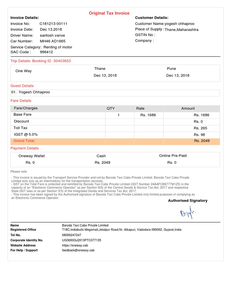 OneWay Cab - Invoice No.:C181213-00111 | PDF | Invoice | Taxicab