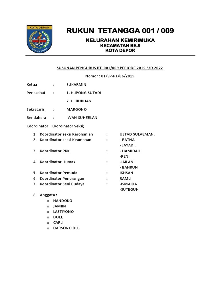 Struktur Pengurus RT 001/009 2019-2022 | PDF