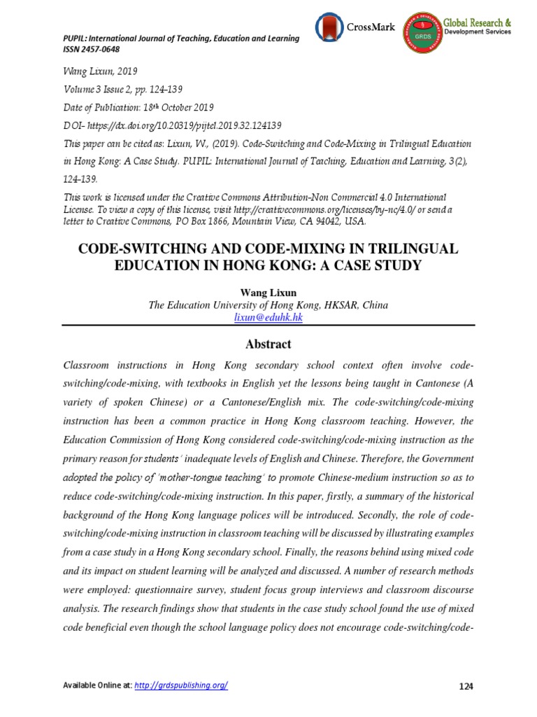 Code-Switching and Code-Mixing in Trilingual Education in Hong Kong - A Case Study | PDF ...
