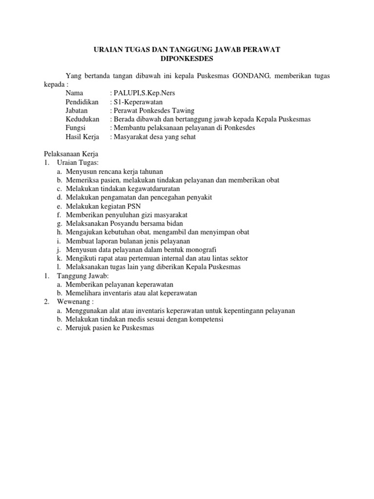 Uraian Tugas Dan Tanggung Jawab Perawat | PDF