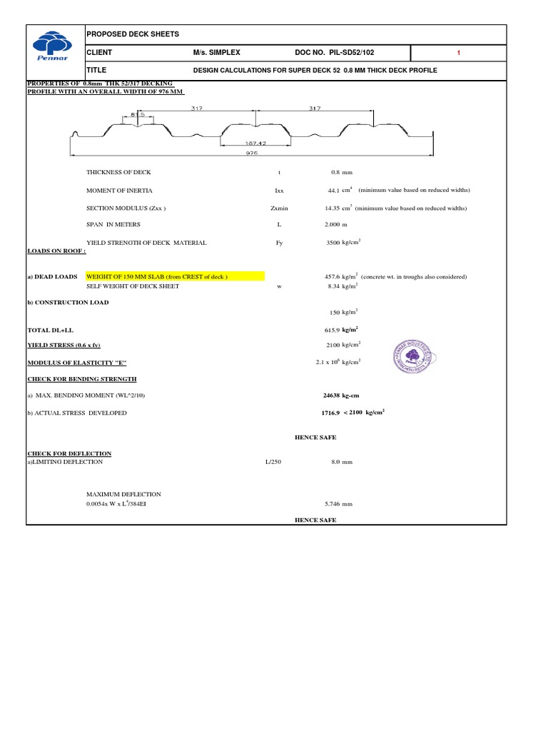 0.8mm THK Pennar Metal Deck Properties | PDF | Bending | Strength Of ...