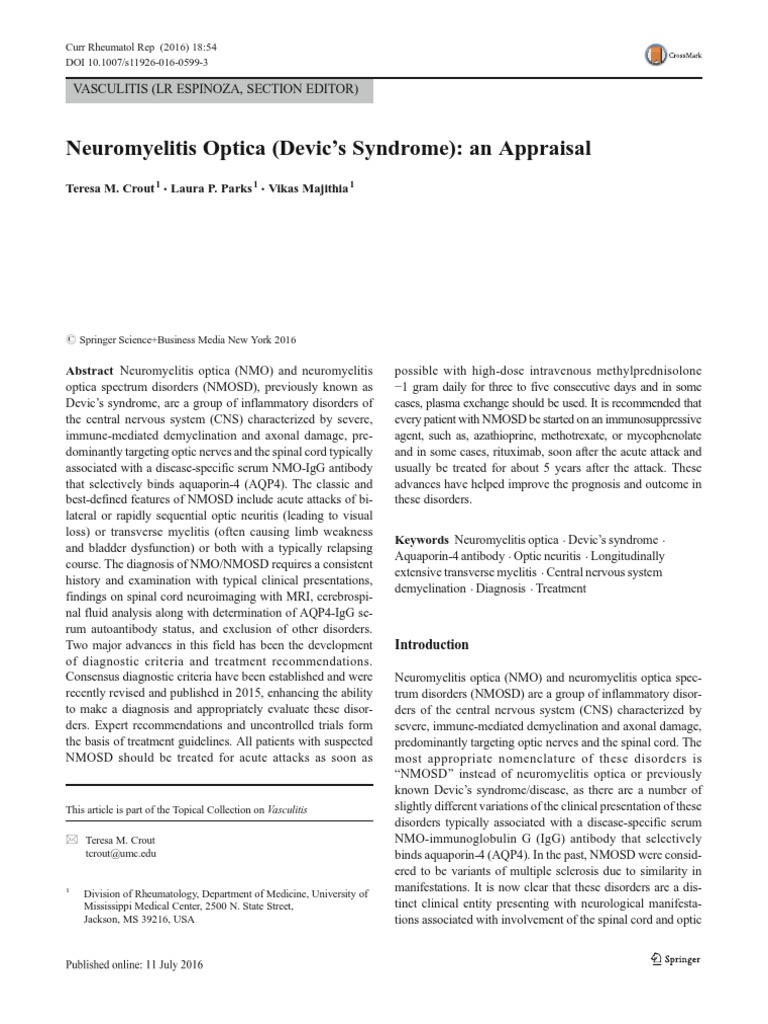 Neuromyelitis Optica (Devic's Syndrome) : An Appraisal: Vasculitis (LR ...