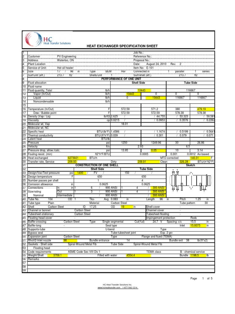 Heat Exchanger Specification Sheet: Shell Side Tube Side Performance of ...