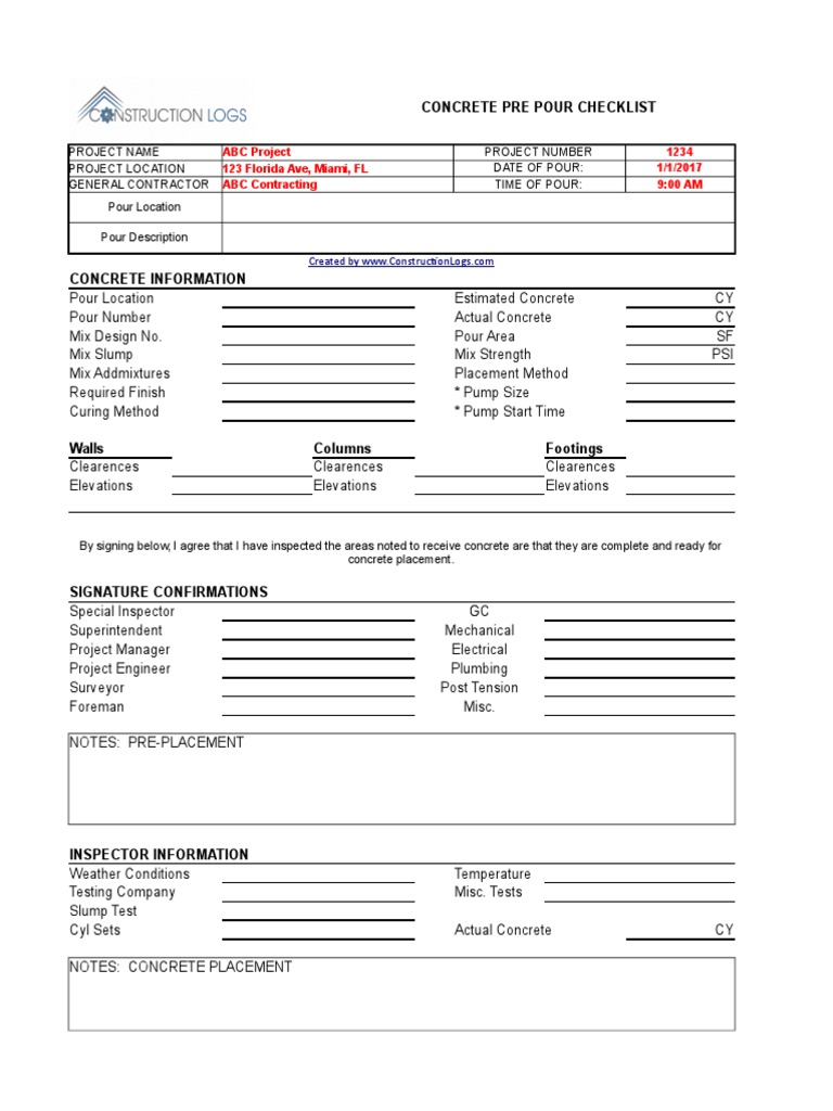 Concrete Pre Pour Checklist: ABC Project 1234 123 Florida Ave, Miami ...