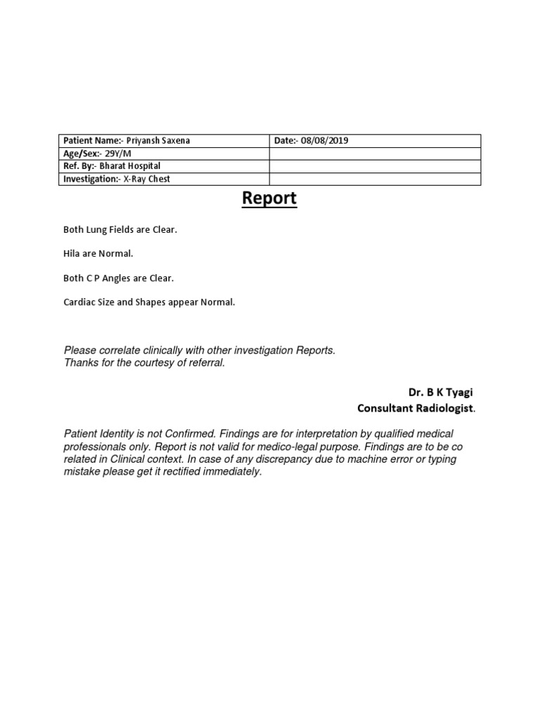 Normal Chest X-Ray Report for Priyansh Saxena | PDF