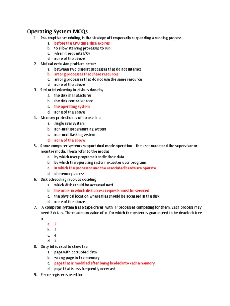 Operating System MCQs PDF | PDF | Science & Mathematics | Computers
