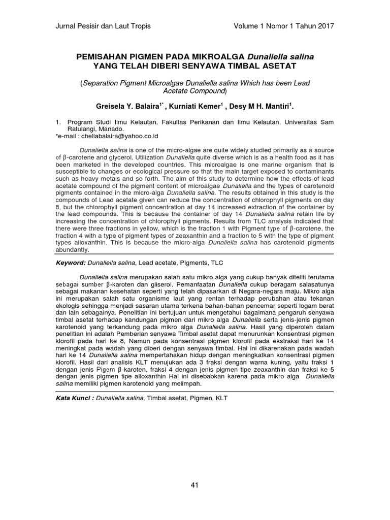 Pemisahan Pigmen Pada Mikroalga Dunaliella Salina Yang Telah Diberi ...