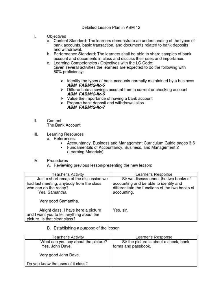ABM 12 Lesson Plan: Bank Accounts | PDF | Transaction Account | Deposit ...