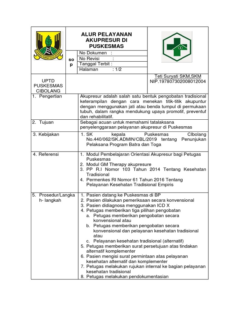 SOP Pelayanan Akupresur Di Puskesmas 1 | PDF SOP Pelayanan Akupresur Di Puskesmas 1 | PDF