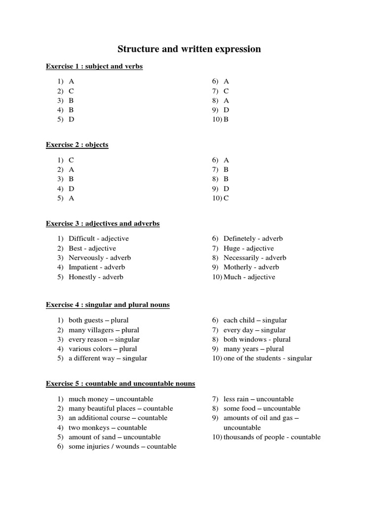 Structure and Written Expression: Exercise 1: Subject and Verbs | PDF ...