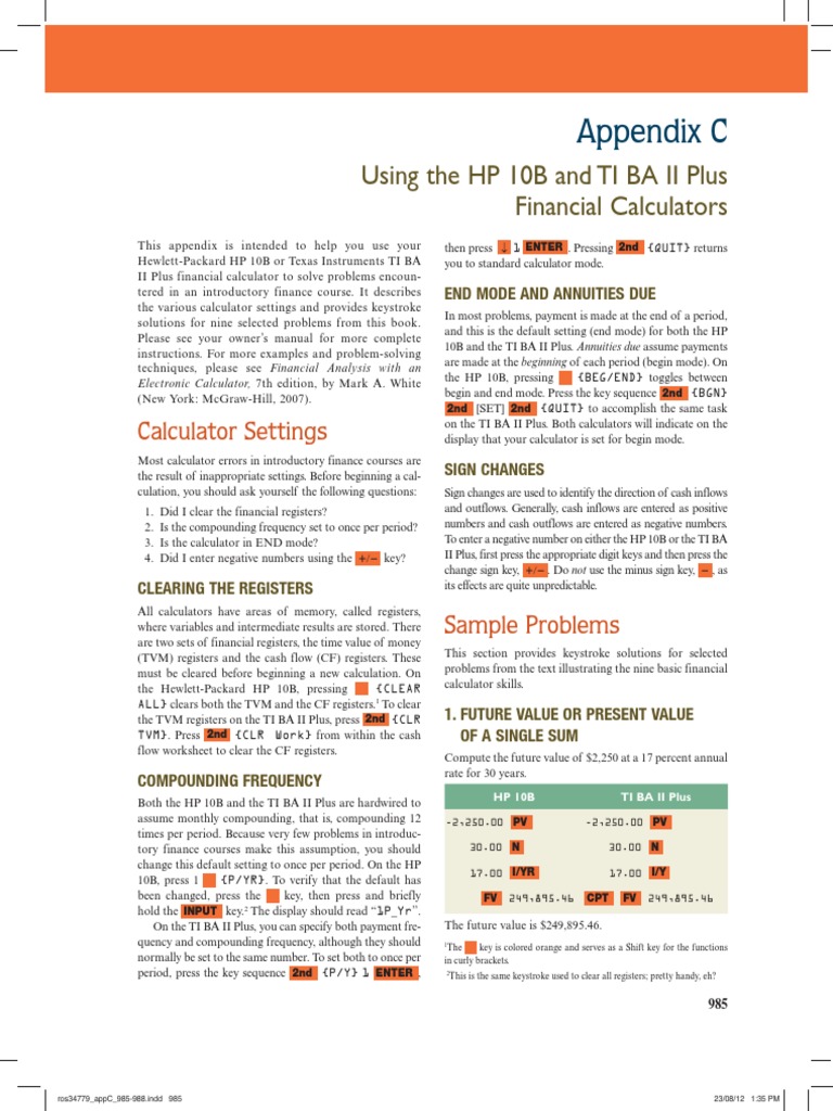 Appendix C: Using The HP 10B and TI BA II Plus Financial Calculators ...