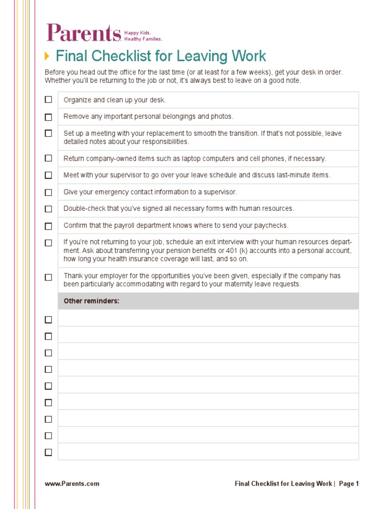 Final Checklist For Leaving Work: Other Reminders | PDF