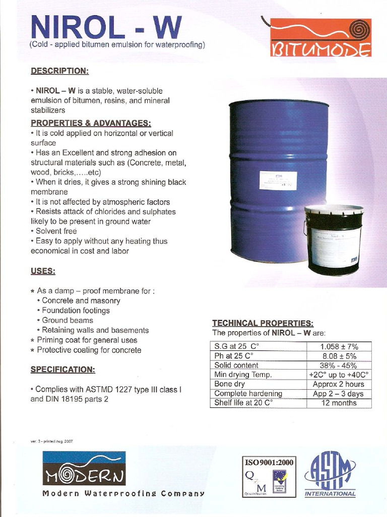 Nirol W. Cold Applied Bitumen Emulsion For Waterproofing | PDF