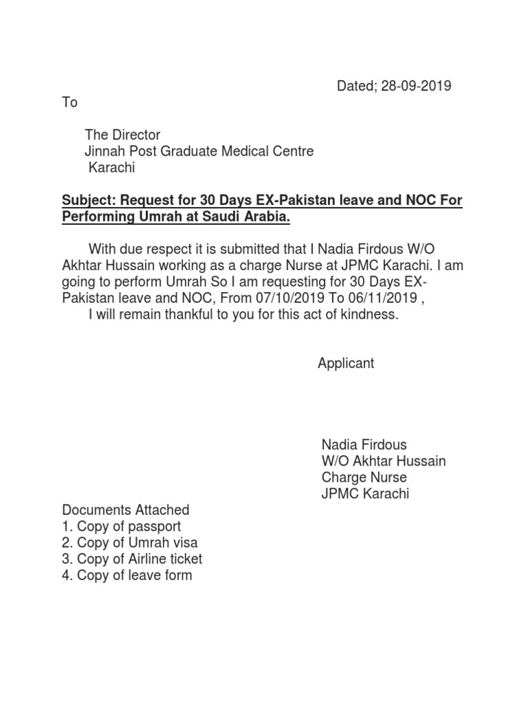 Subject: Request For 30 Days EX-Pakistan Leave and NOC For Performing ...