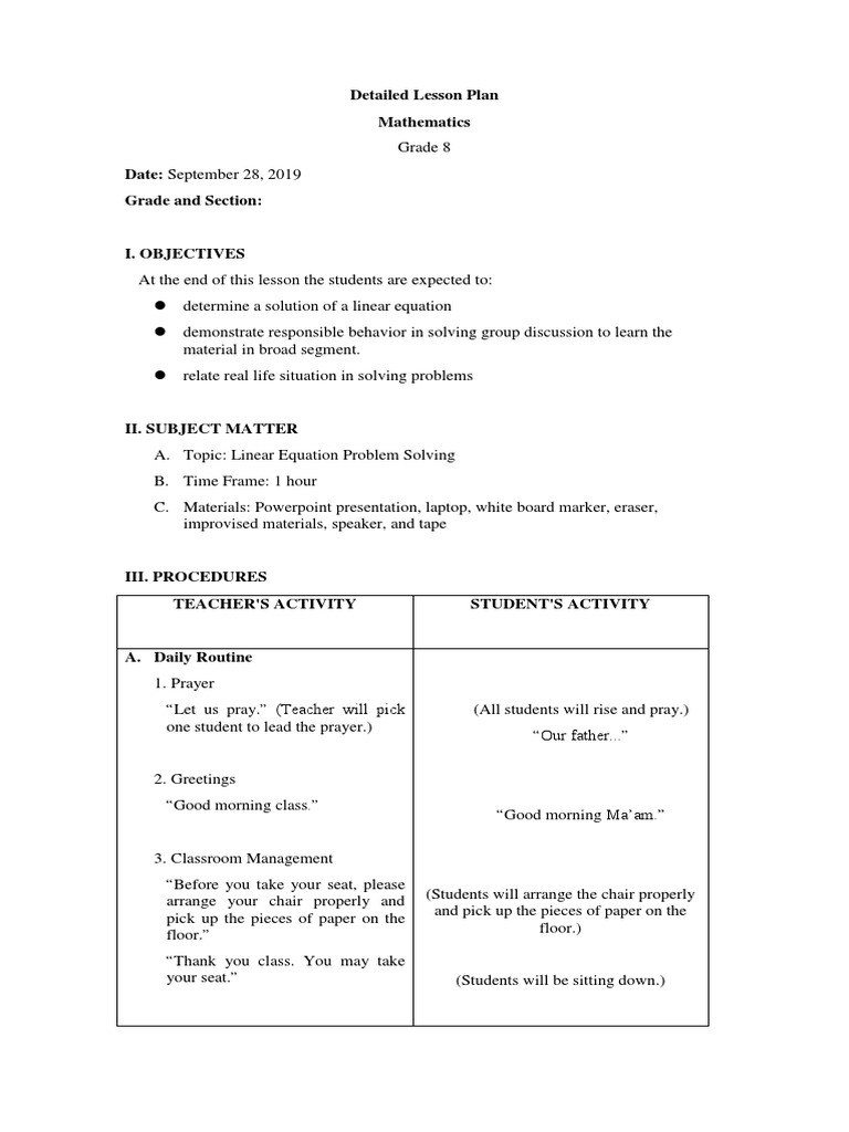 Detailed Lesson Plan | PDF | Subtraction | Equations