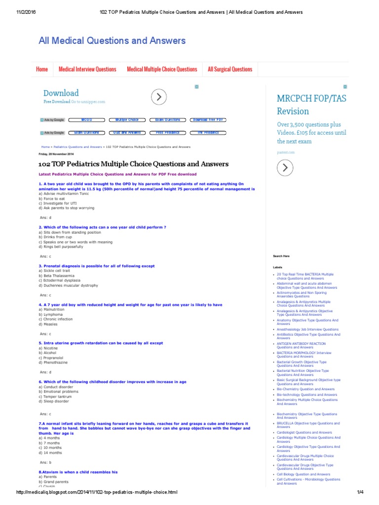 102 TOP Pediatrics Multiple Choice Questions and Answers All Medical ...