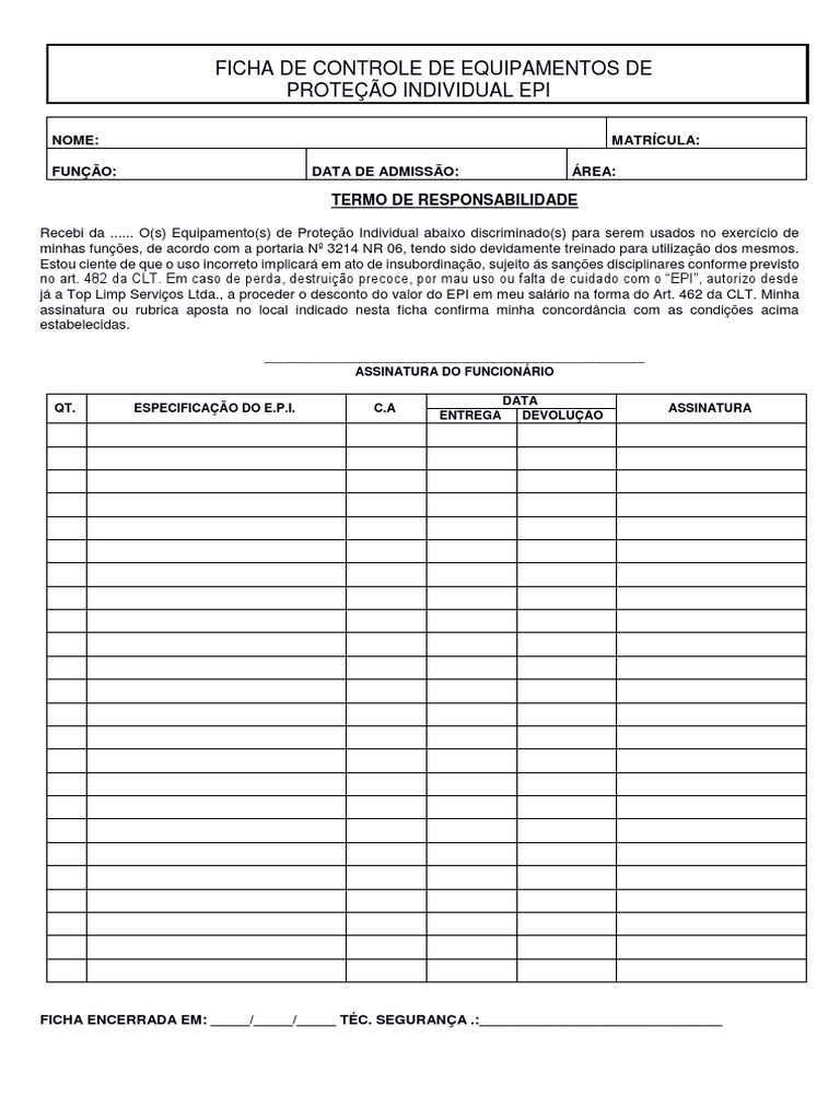 Ficha de Controle de Epi - Modelo | PDF