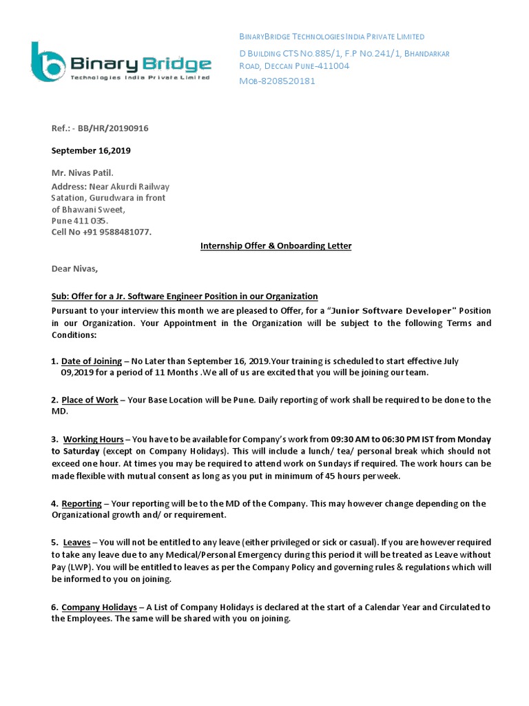 Nivas Patil Offer Letter | PDF | Confidentiality | Non Disclosure Agreement