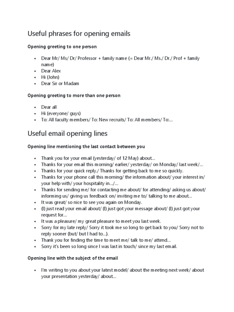 Useful Phrases For Opening Emails: Opening Greeting To One Person | PDF ...