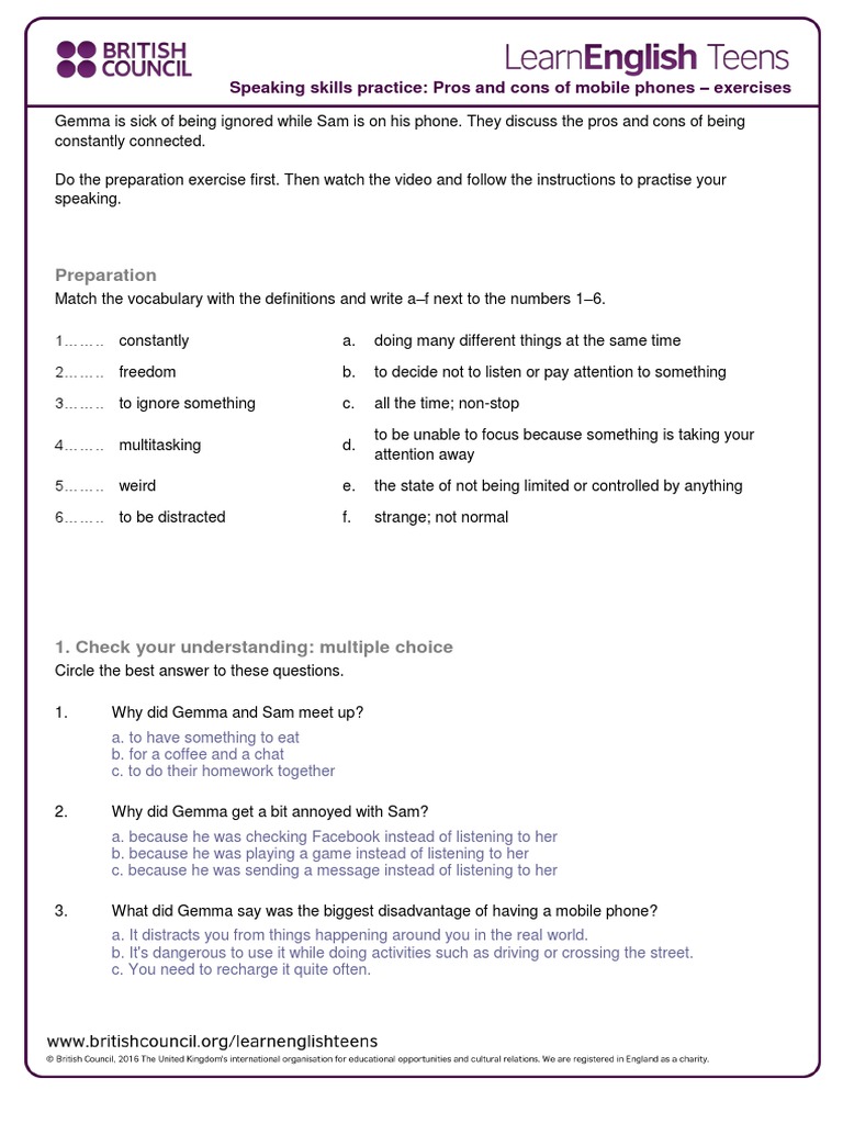 Pros and Cons of Mobile Phones - Exercises | PDF