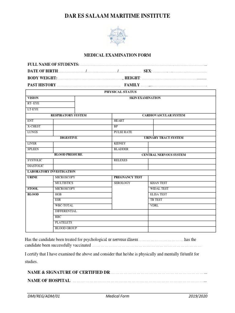 2019-Aug-Tue - MEDICAL EXAMINATION FORM-2019 PDF | PDF