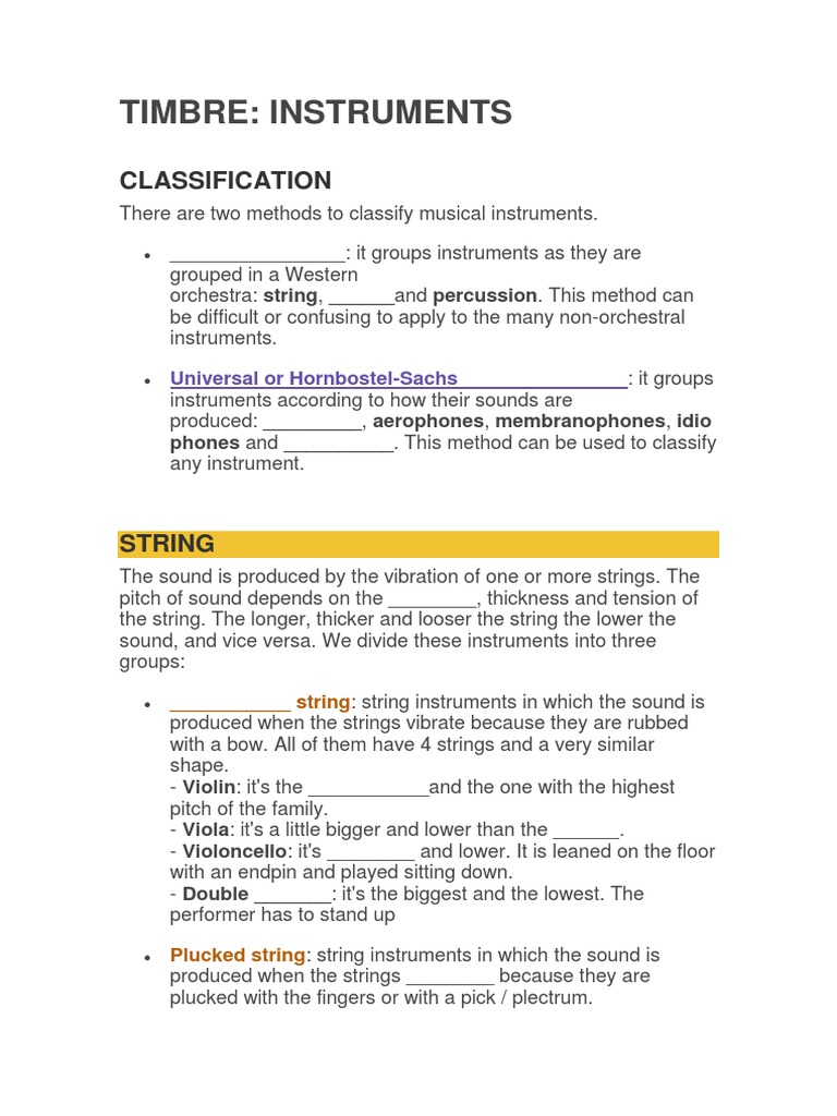 Timbre: Instruments: Classification | PDF | String Instruments ...