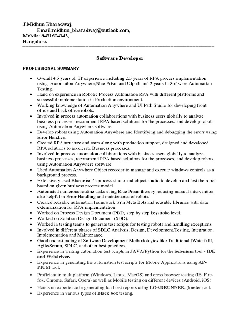 RPA Developer Resume | PDF | Software Testing | Internet Of Things