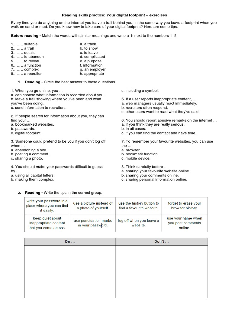 Reading Skills Practice Your Digital Footprint - Exercises PDF | PDF ...