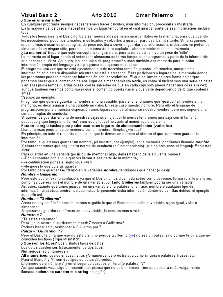 Introducción a Variables en Visual Basic | PDF | Básico | Lenguaje de programación
