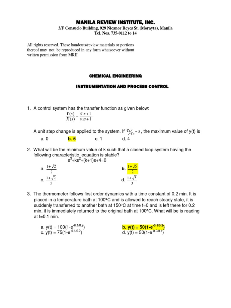 CHEMICAL ENGINEERING INSTRUMENTATION AND PROCESS CONTROL PROBLEMS | PDF ...