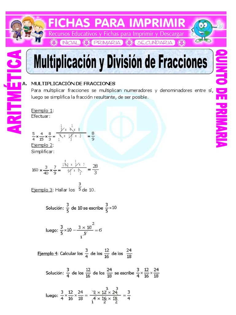 Multiplicación y División de Fracciones para Quinto de Primaria | PDF ...