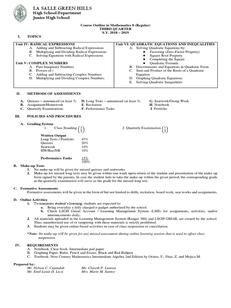 Grade 8 Outline | PDF | Quadratic Equation | Complex Number