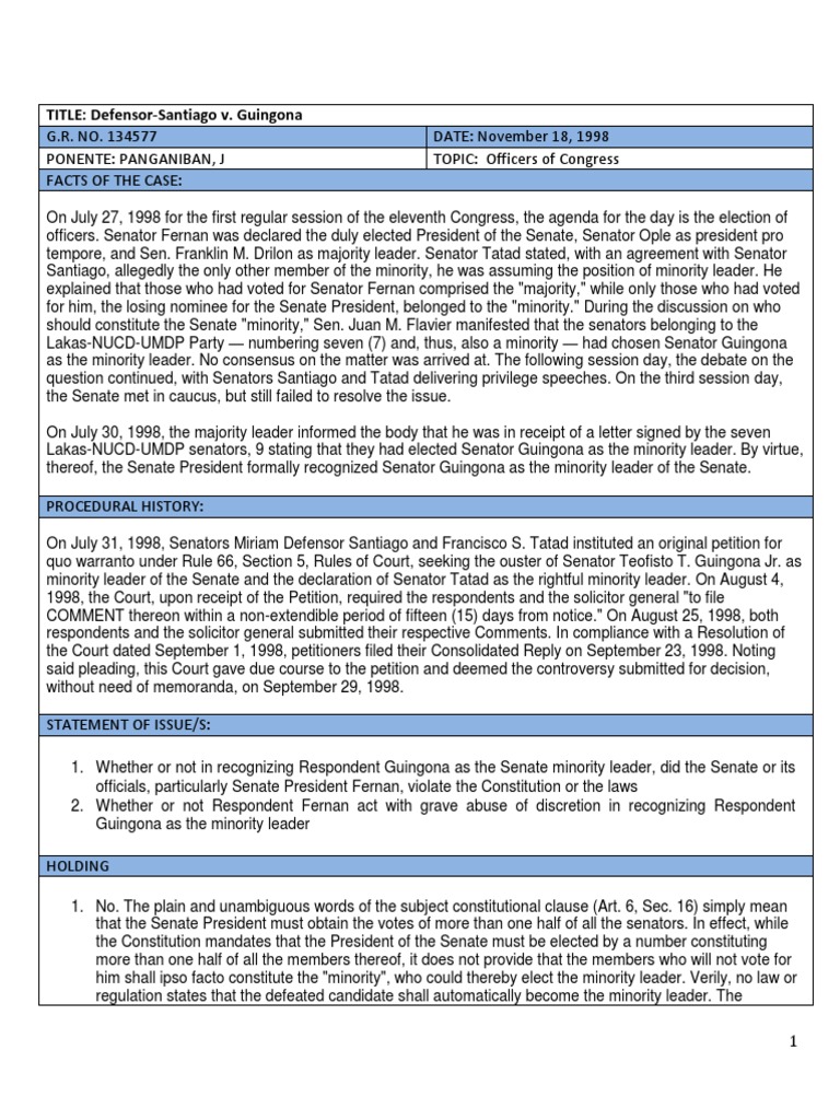 Santiago v. Guingona Case Summary | PDF | United States Senate | United ...