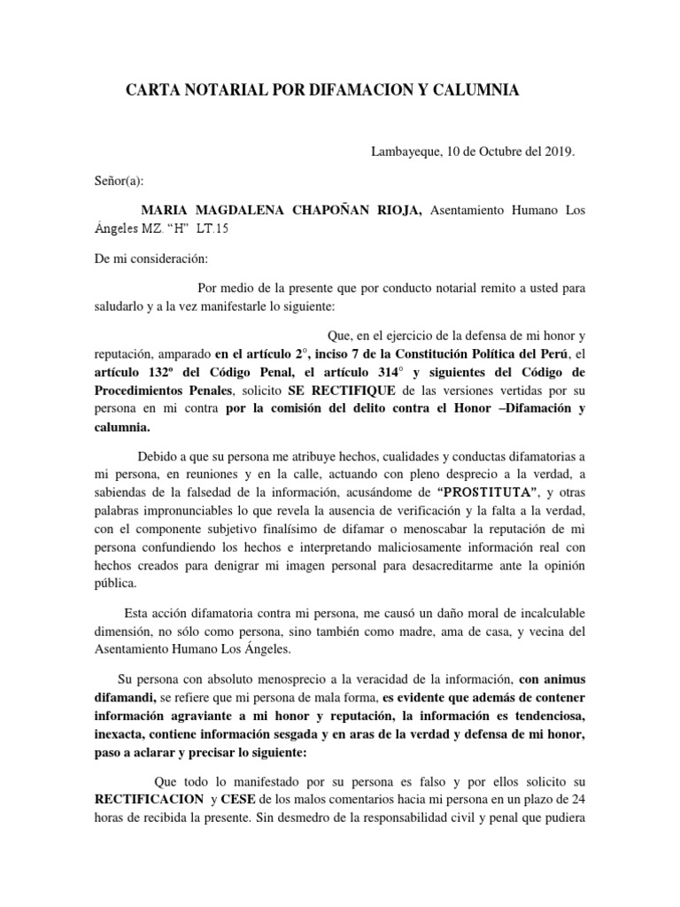 Carta Notarial Por Difamacion y Calumnia | PDF | Virtud | Gobierno