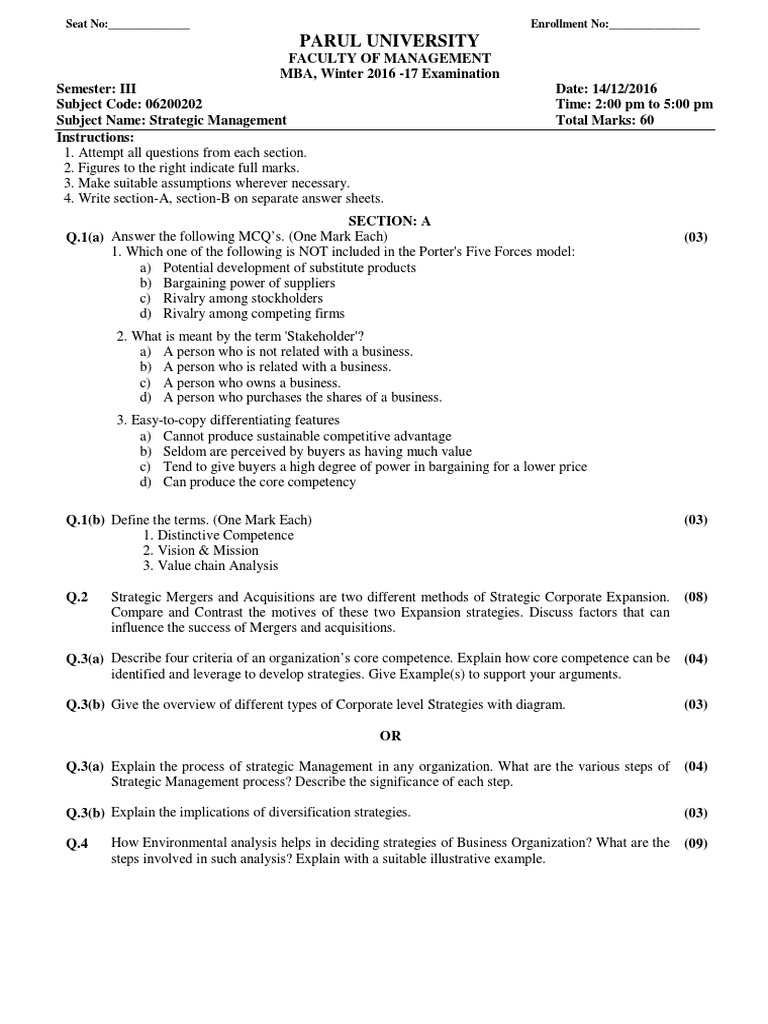 MBA Exam Questions on Strategic Management | PDF | Strategic Management ...