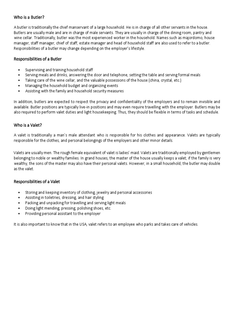 Handout (Butler and Valet) | PDF | Domestic Life | Business