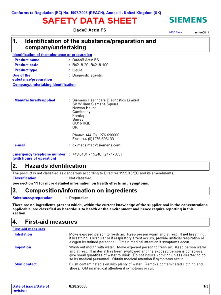 Dade Actin FS PDF | PDF | Personal Protective Equipment | Safety