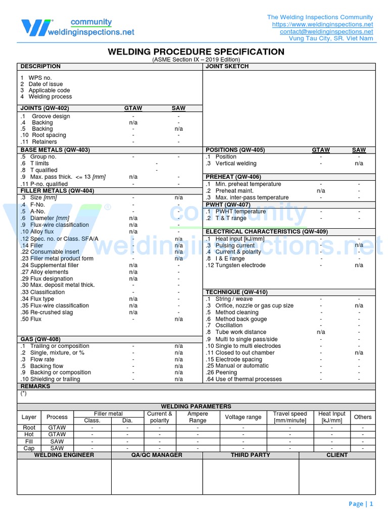 WPS Format For Asme Ix - Wps - Gtaw Saw | PDF | Welding | Construction