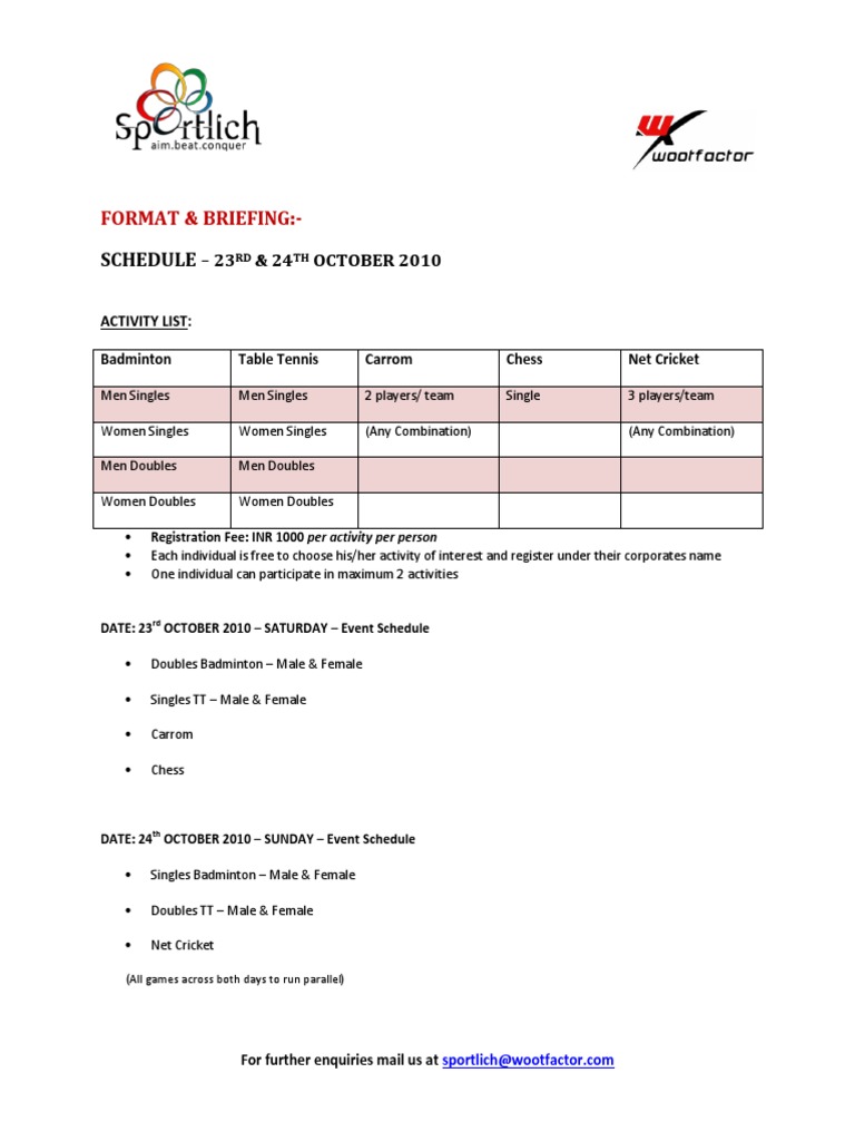 Format & Briefing:-: Schedule | PDF | Traditional Games | Individual Sports