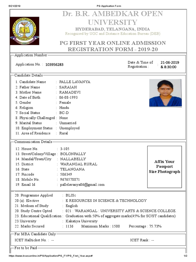 Palle Lavanya Blisc PG Application Form | PDF | Academia