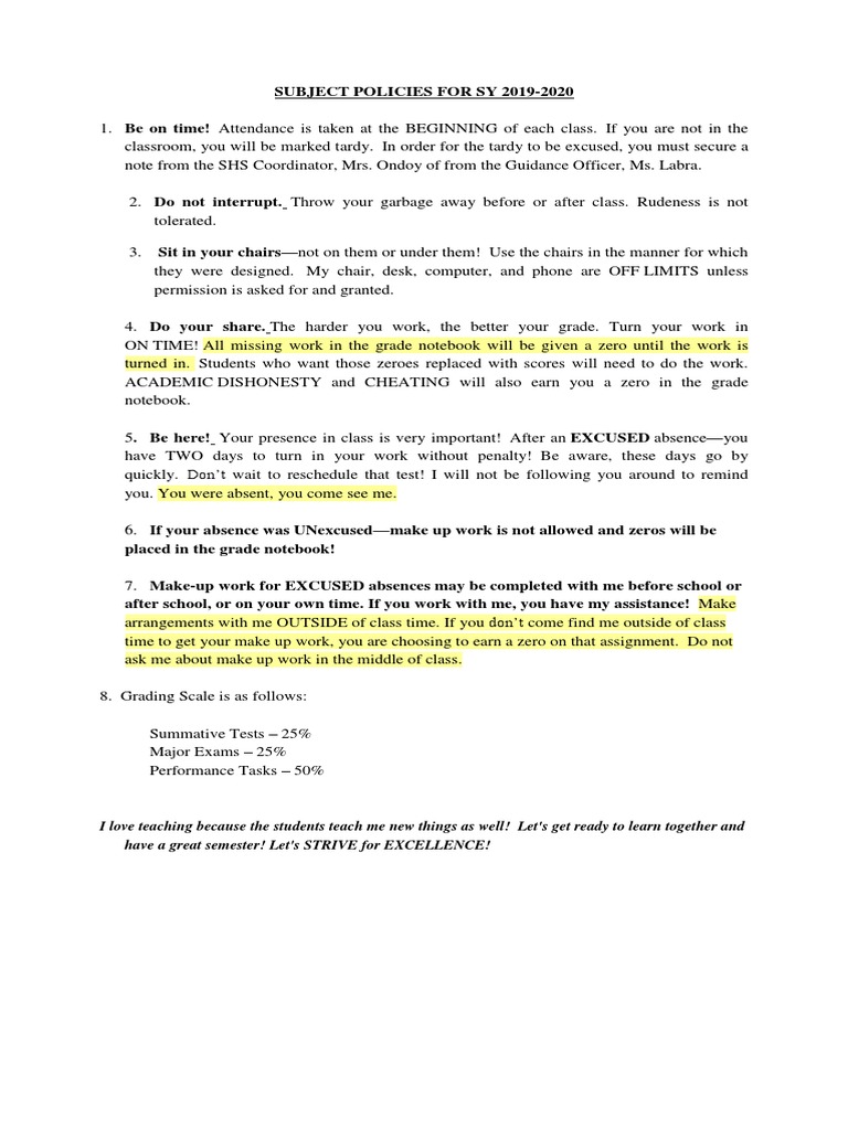Subject Policies For Sy 2019-2020 | PDF
