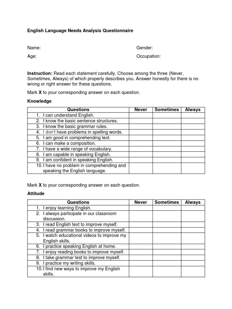 English Language Needs Analysis Questionare | PDF | English Language ...