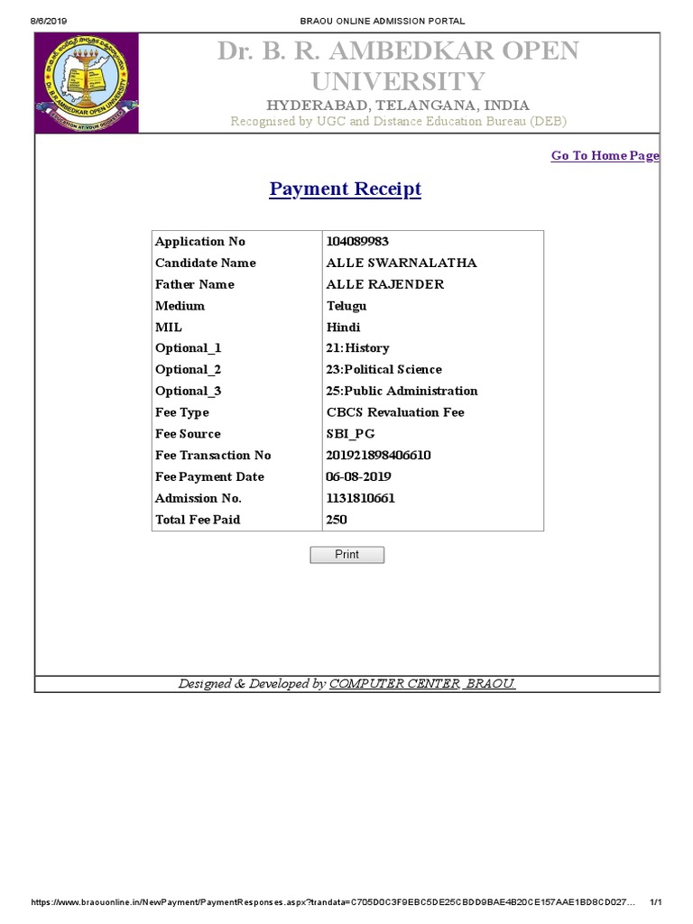 Dr. B. R. Ambedkar Open University: Payment Receipt | PDF