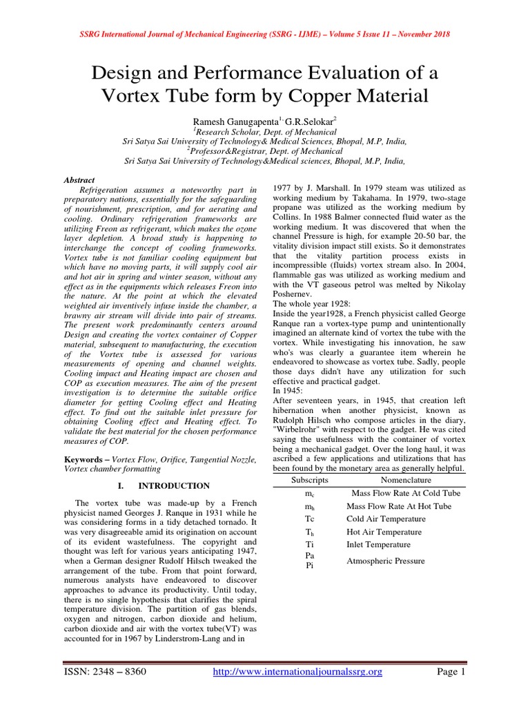 Design and Performance Evaluation of A Vortex Tube Form by Copper ...