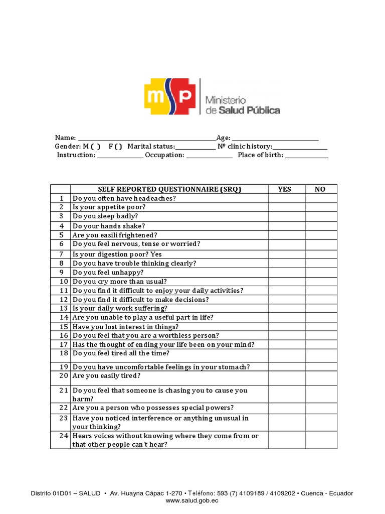 Self Reported Questionnaire (SRQ) YES NO | PDF | Clinical Psychology ...