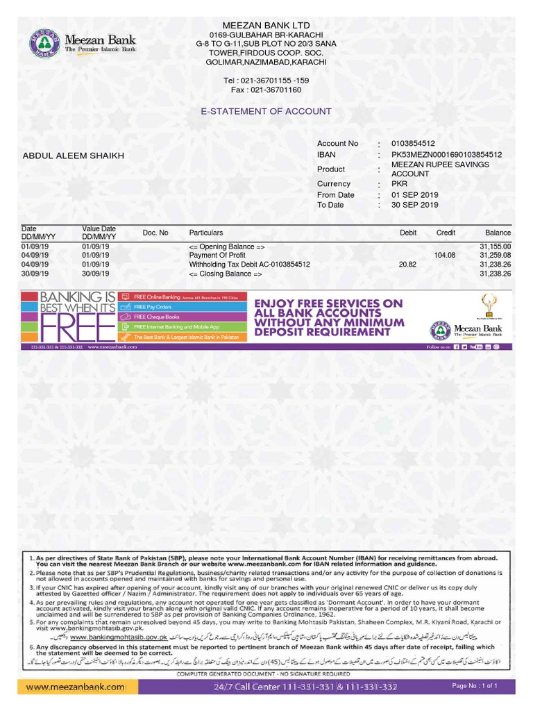 E-Statement of Account: Meezan Bank LTD | PDF
